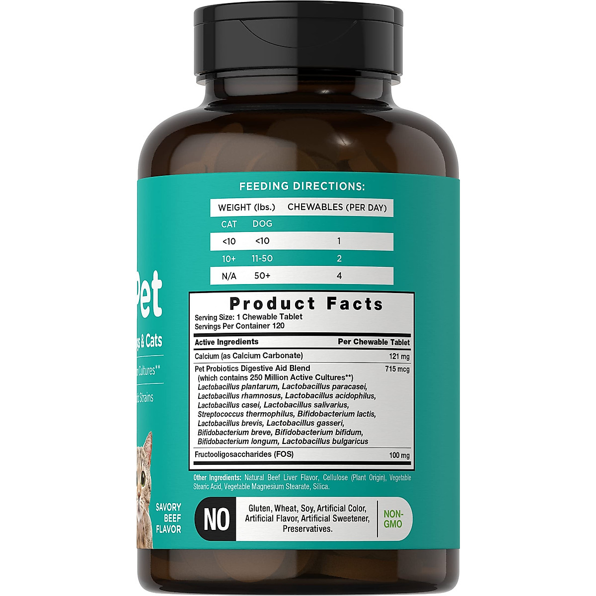 Horbäach Probiotics for Dogs & Cats | 120 Chewable Tablets | Digestive Aid | with 14 Probiotic Strains | Savory Beef Flavored Pet Supplement | by River & RULA