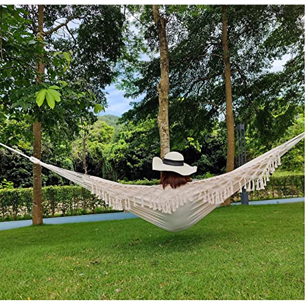Handmade Boho Large Brazilian Fringed Macramé Double Deluxe Hammock Swing Bed with Carry Bag for Bedroom,Yard,Beach,Patio,Indoor,Outdoor & Wedding Party Decor, 95" Lx 62" W (White)