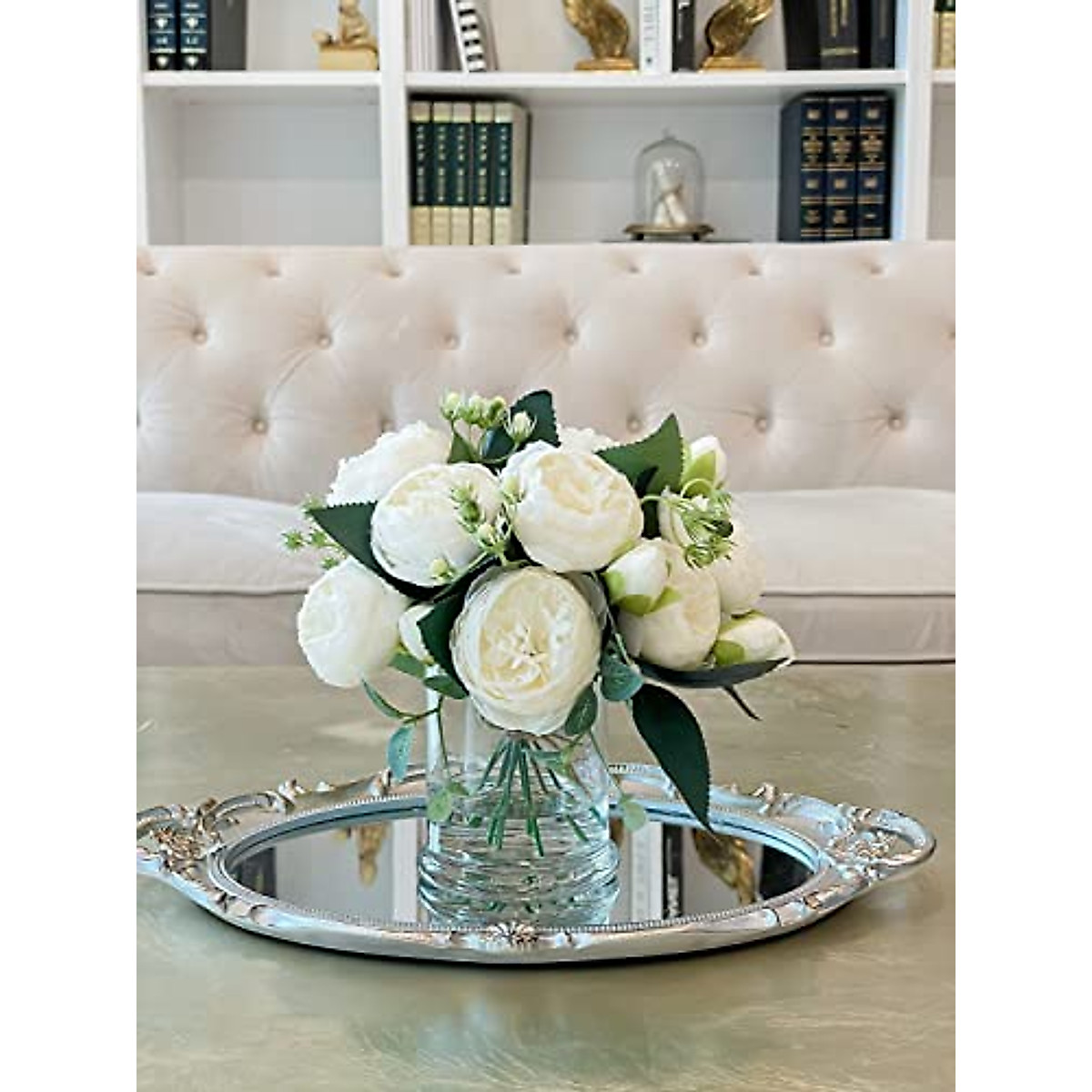 DEEMEI Artificial Peonies Flower Silk Peony Bouquet 4 Bundles Faux Persian Rose with Eucalyptus Leaves for Home Wedding Party Decoration (White)