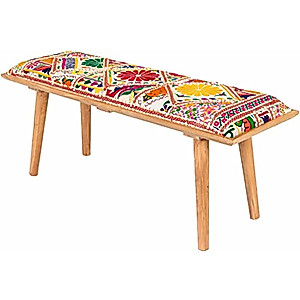 Hauteloom Dilkon Upholstered Entryway Bedroom Bench - Patchwork Style - Foot Stool - Red, Yellow, Green, Colorful - 18" x 45" x 15"