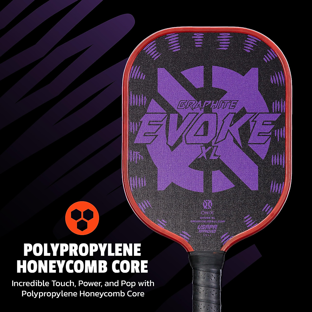 Onix Graphite Evoke XL Pickleball Paddle Features Polypropylene Core, Graphite Face, and Oversized Shape, Purple