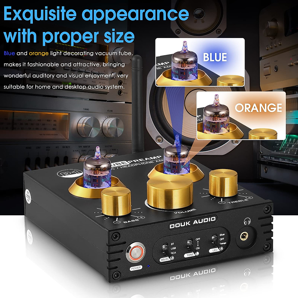 Douk Audio P1 Vacuum Tube Bluetooth Preamplifier, GE5654 Audio Preamp, Hi-Fi Headphone Amp, Stereo Wireless Receiver with USB DAC & APTX-HD for Home Theater Amplifier/Active Speaker