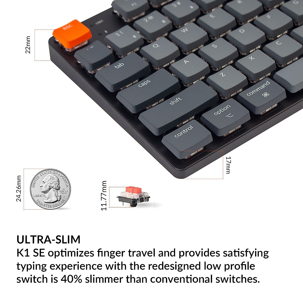 Keychron K1 SE, 87 Keys Ultra-Slim Wireless Bluetooth/USB Wired Mechanical Keyboard with White LED Backlit, Low-Profile Gateron Mechanical Red Switch Compatible with Mac Windows