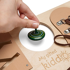 Montessori Busy Board for Toddlers- Wooden Busy Board with Spinning Top - Toddler Activity Board For Fine Motor Skills - Sensory Busy Board For Kids - Travel Educational Preschool Toy