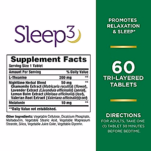Nature's Bounty Sleep3 Melatonin 10mg, Maximum Strength 100% Drug Free Sleep Aid, Dietary Supplement, L-Theanine & Nighttime Herbal Blend Time Release Technology, 60 Tri-Layered Tablets