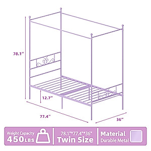 Weehom Twin Canopy Bed Frame with Headboard and Footboard, 4 Posters Metal Bed Frame, No Box Spring Needed, Mattress Foundation Platform Bed for Kids and Adults, Purple