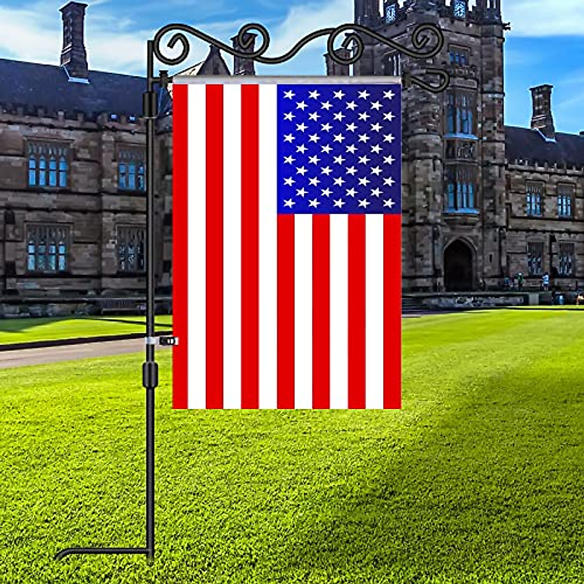 Garden Flag Stand Floral Style, BONWIN Garden Yard Flag Pole Holder Stands, Powder Coated Weather-Proof Paint Metal Flagpole with Spring Stoppers & Anti-Wind Clip for Garden - 36.34"H x 16.02"W, 2 Pack