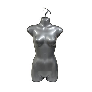 DisplayTown Silver Female Mannequin Hip Long Body Torso Dress Form & Hanging Hook, S-M Sizes