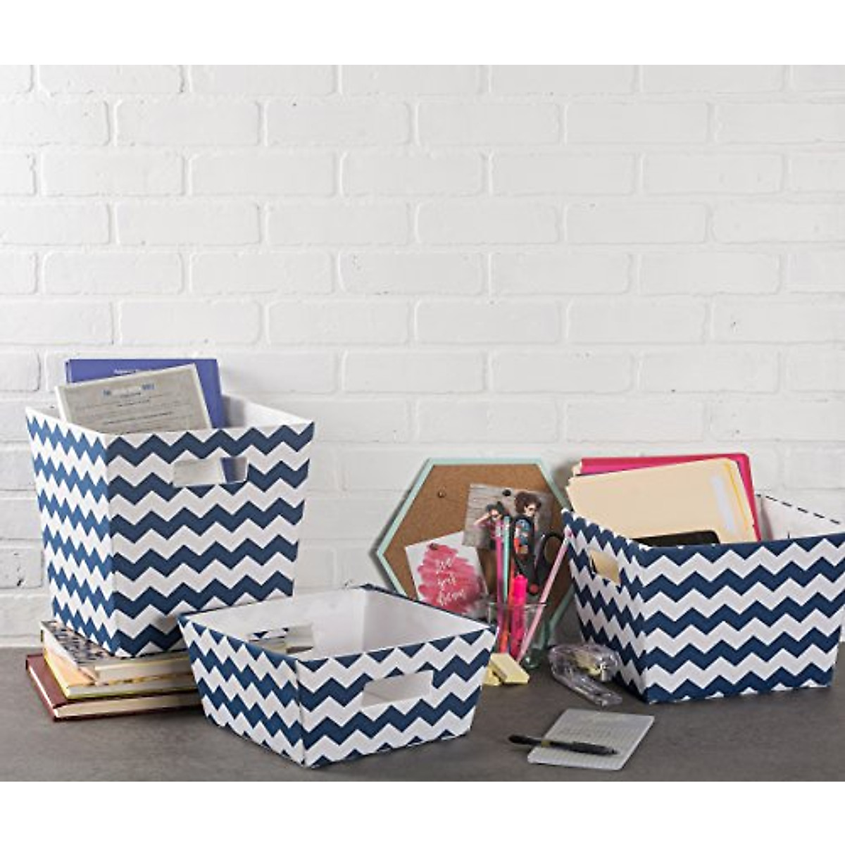 DII Hardsided Polyester Trapezoid Storage Bin, Chevron, Nautical Blue, Medium