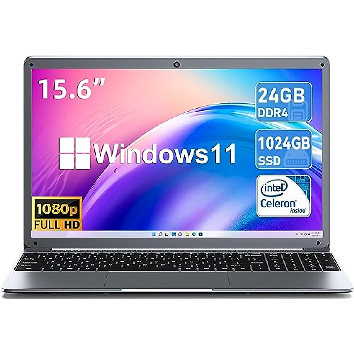 SGIN Laptop 24GB RAM 1024GB SSD, 15.6 Inch Laptops with Intel Celeron Quad-Core Processor(up to 2.9 GHz), Full HD 1080P Screen, Mini HDMI, 2.4/5.0G WiFi Webcam, Bluetooth 4.2, Grey