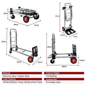 Aluminum Folding Hand Truck,440 lbs Heavy Duty 2 in 1 Convertible Hand Truck Dolly with Pneumatic Wheels,Telescopic Handles and 2 Elastic Ropes Collapsible Hand Cart for Luggage Moving Warehouse