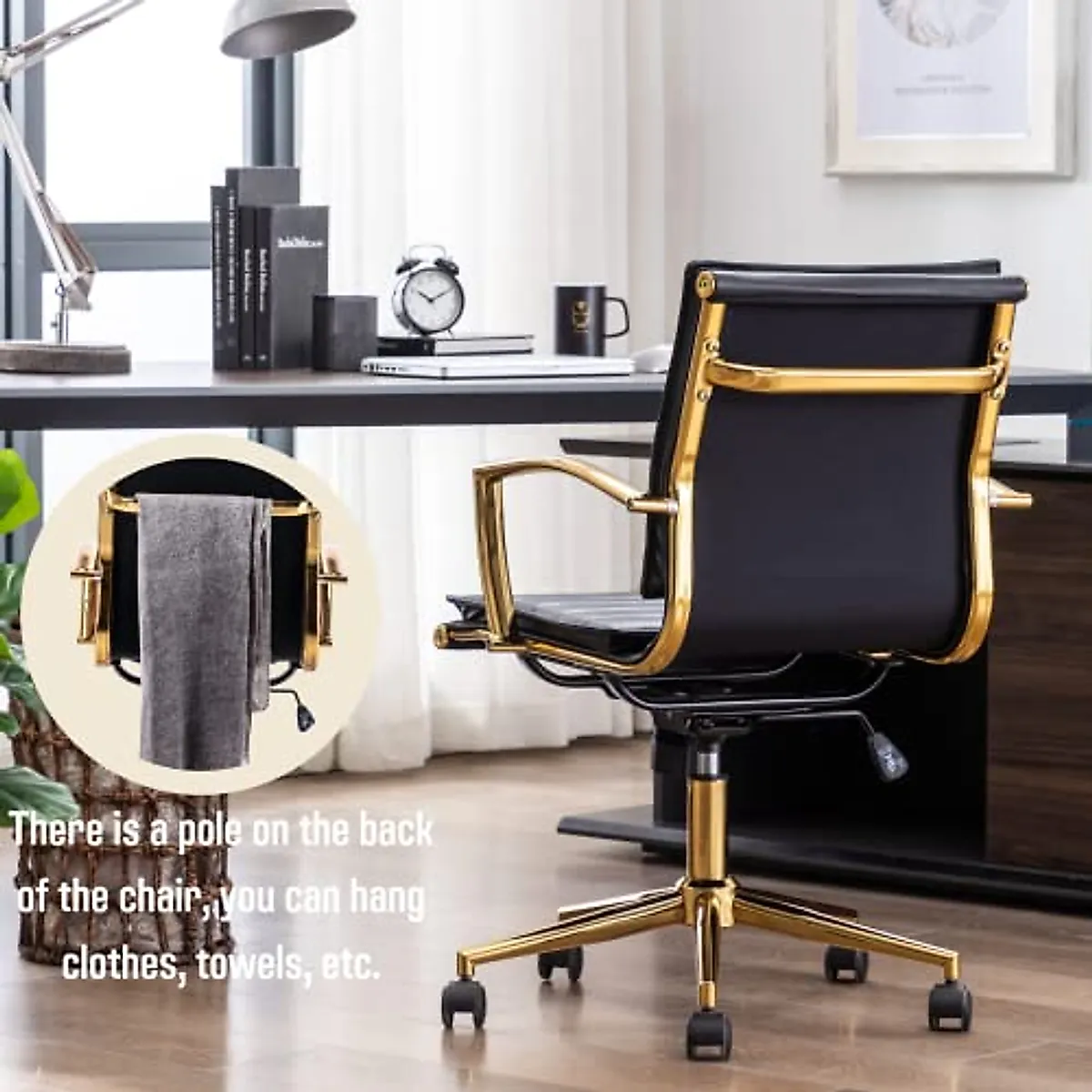 CIMOO Black Leather Office Chair Small Desk Chair Gold Executive Office Chair with Wheels Swivel Arm Chair Retro Task Chairs