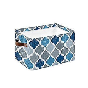 Storage Cubes Organizer with Handles, Vintage Geometric Moroccan of Blue and Gray Colored Storage Bins Fabric Collapsible Storage Baskets for Shelf Closet Nursery Cloth Organizers Box 15x11x9.5 in