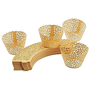 SUYEPER 100pcs Cupcake Wrappers Artistic Bake Cake Paper Cups Little Vine Lace Laser Cut Liner Baking Cup Muffin Case Trays for Wedding Party Birthday Decoration (Gold)