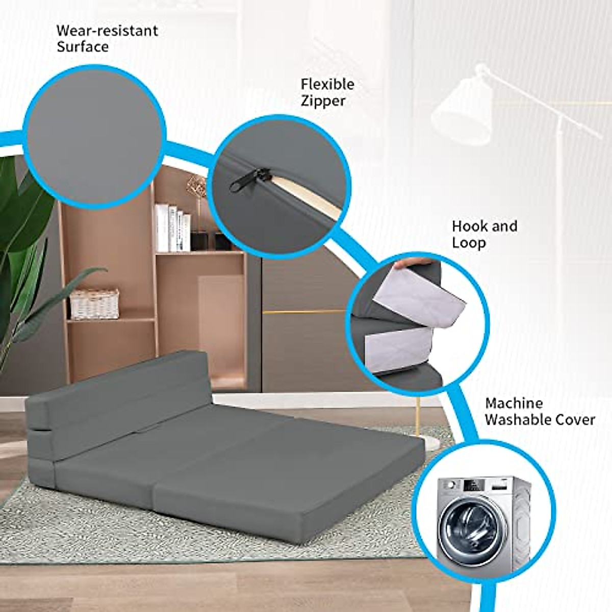 Mjkone Folding Futon Sofa Bed, Modern Convertible Couch for Compact Living Room Office Apartment Space, Modular Sectional Sofa for Resting Camping- Full, Dark Grey