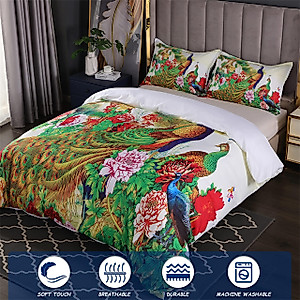 YGNNIU Peacock Duvet Cover Queen Size Floral Pattern Bedding Set Retro Chinese Style Peacock Floral Theme Duvet Cover (1 Duvet Cover and 2 Pillowcases) with Hidden Zipper
