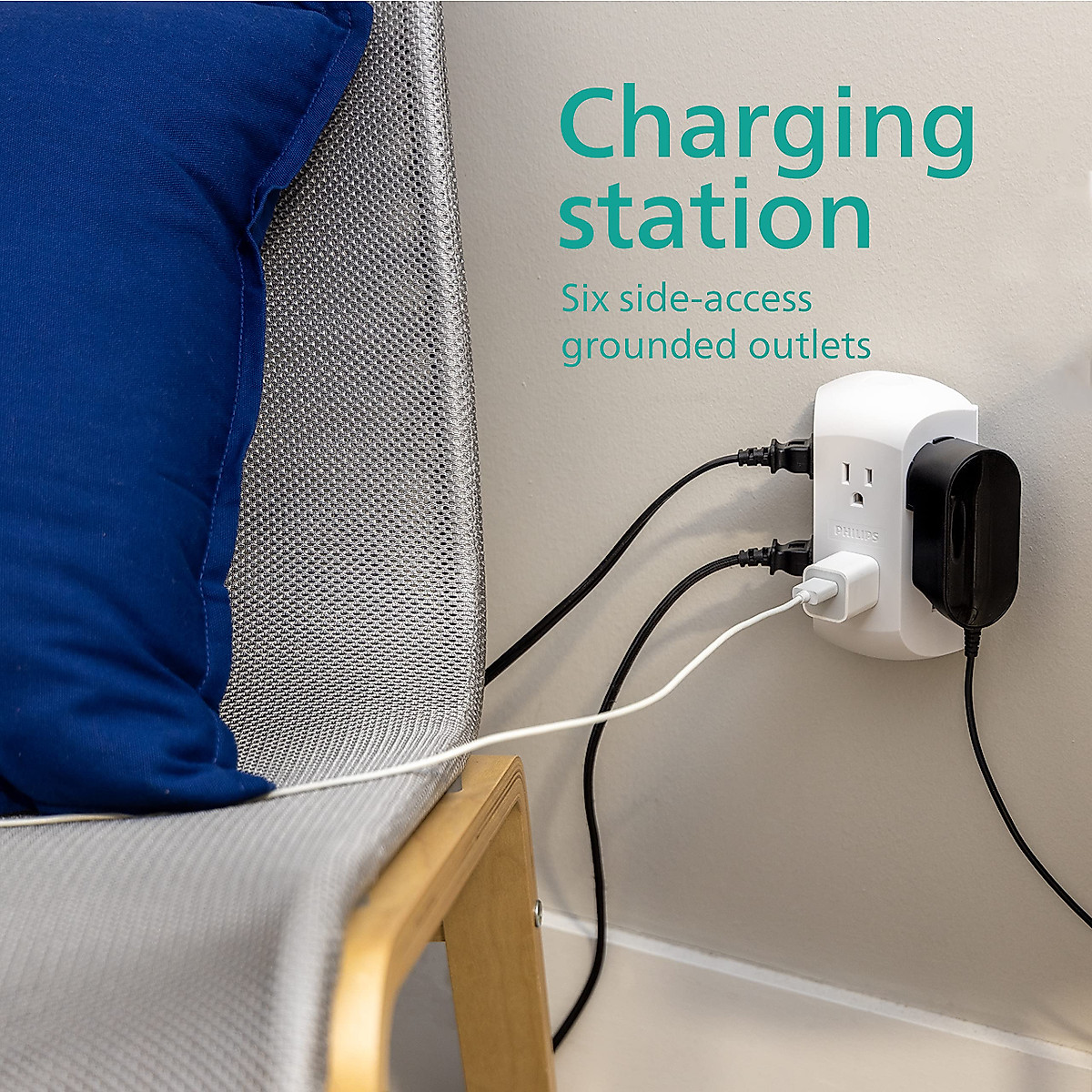 Philips 6-Outlet Extender, 2 Pack, Grounded Wall Tap, Adapter Spaced Outlets, 3-Prong, Multiple Plug, Quick and Easy Install, Cruise Essentials, Use for Home Office, UL Listed, White, SPS1742WA/37