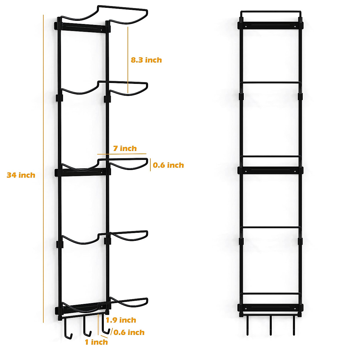 Yoga Mat Holder Wall Mount, Wall Rack Organizer, Storage Foam Roller and Block, with 5 Sectional and 3 Hooks for Hanging Yoga Strap, Resistance Bands at Fitness Class or Home Gym, Decor(Black)