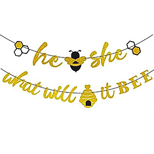 Morndew Glitter He or She What Will It BEE Banner for Boy or Girl Birthday Party Gender Reveal Party Baby Shower Bunting Decoration