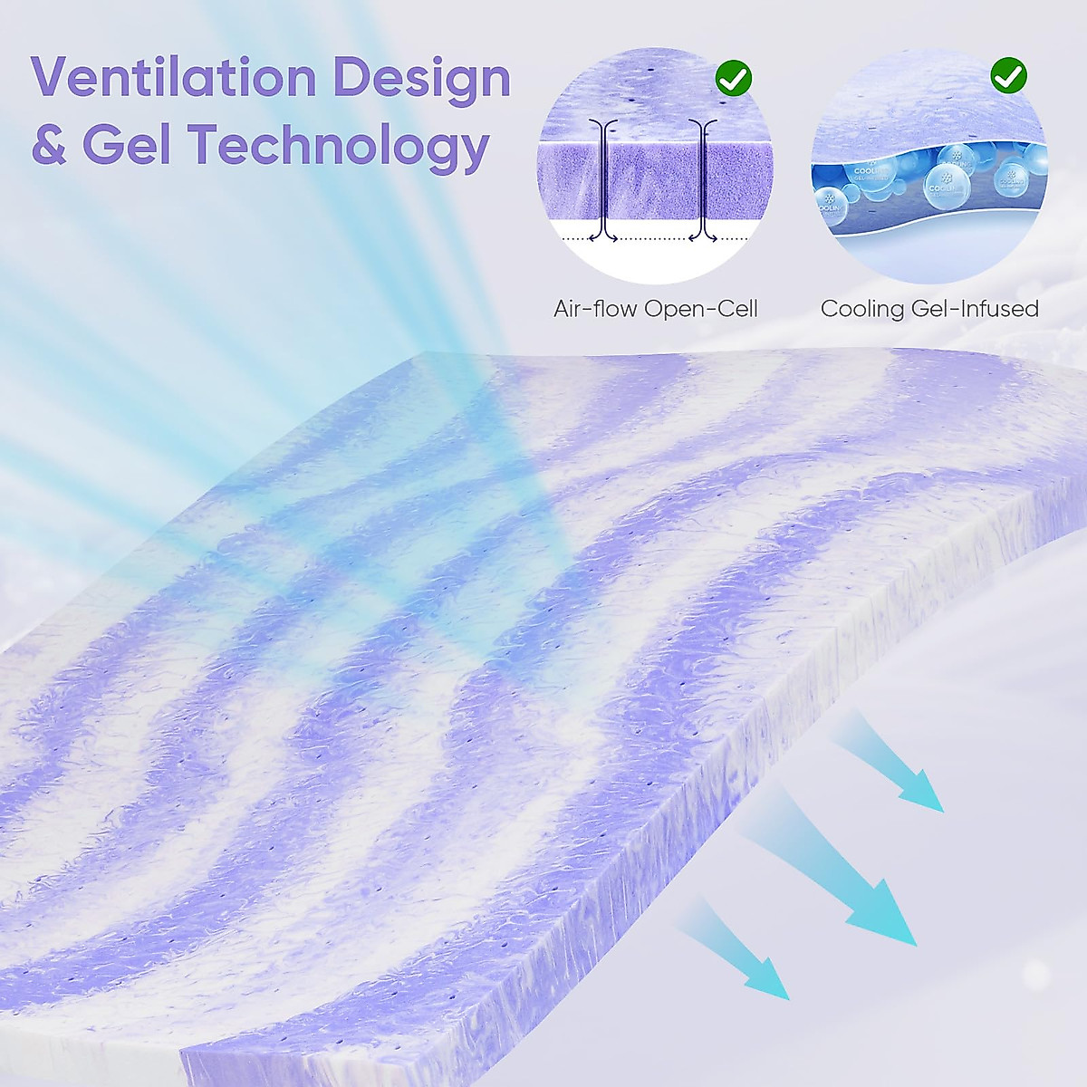 BedsPick 2 Inch Memory Foam Mattress Topper Twin XL, Gel Infused Swirl Soft Foam, College Dorm Extra Long XL Mattress Toppers Single Bed Toppers