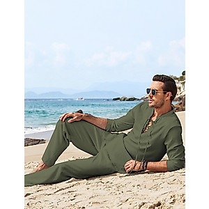 COOFANDY Men's 2 Piece Linen Sets Casual Long Sleeve Shirt and Loose Pants Set Beach Vacation Outfits, Army Green, X-Large