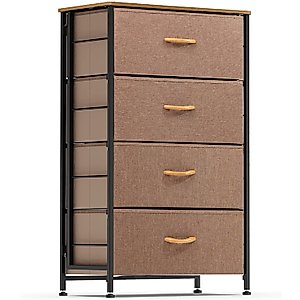 WAYTRIM Dresser Storage Tower, 4 Fabric Organizer Drawers, Wide Chest of Drawers for Closet Boys & Girls Bedroom, Bedside Furniture, Steel Frame, Wood Top, Fabric Bins, Easy Installation (Brown)