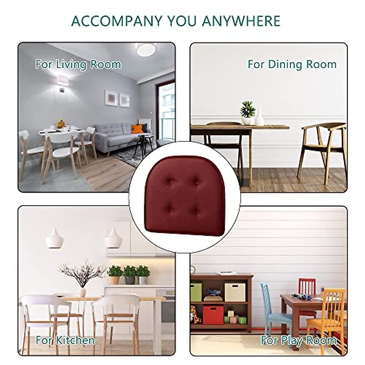 HARBOREST Chair Cushions for Dining Chairs 6 Pack - Memory Foam Seat Cushions for Kitchen Chairs, U-Shaped Non-Slip Chair Pads for Dining Chairs Set of 6, 17" x 16" x 1.5", Burgundy