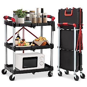 PioneerWorks 3-Tier Folding Service Cart, 56 Lbs Load Capacity, 360-Degree Wheels, Black