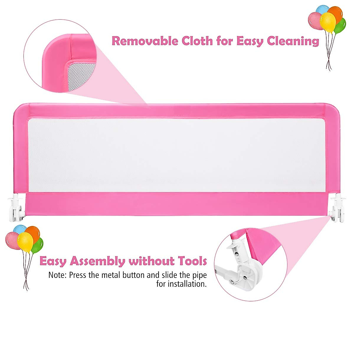 Costzon Bed Rail for Toddlers, 2 PCS Extra Long Swing Down Safety Bed Guards w/Straps for Convertible Crib, Kids Twin, Double, Full Size, Queen & King Bed, Folding Bed Rails for Baby (59-Inch, Pink)