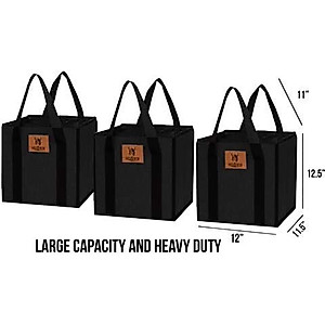 Tuff Viking Large Reusable Grocery Shopping Bags, Long Handles, Durable, Collapsible and Insulated Cooler Bag (Black, Pack of 3 Totes)