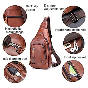 BULLCAPTAIN Leather Men Sling Bags Travel Crossbody Chest Bag Hiking Daypack with USB Charging Port Multi-Pocket