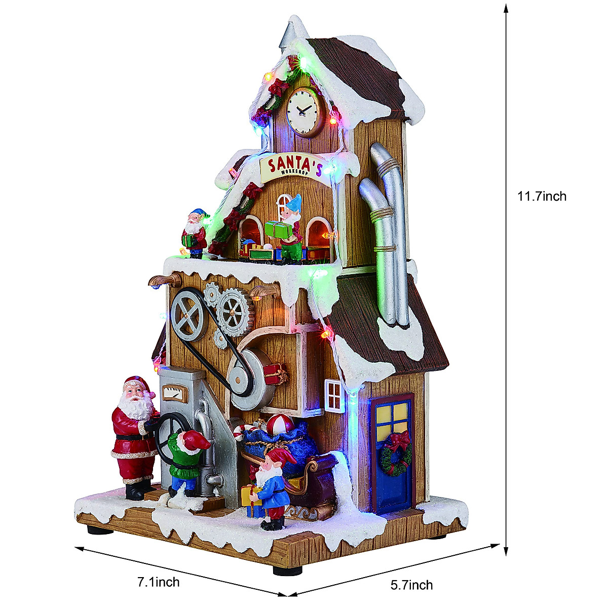 Moments in Time Christmas Village Building, Santa's Workshop with Christmas Music, LED Lights, and Animation - Power Adapter (Included) (11.6" H x 5.7" W x 7.1" D)