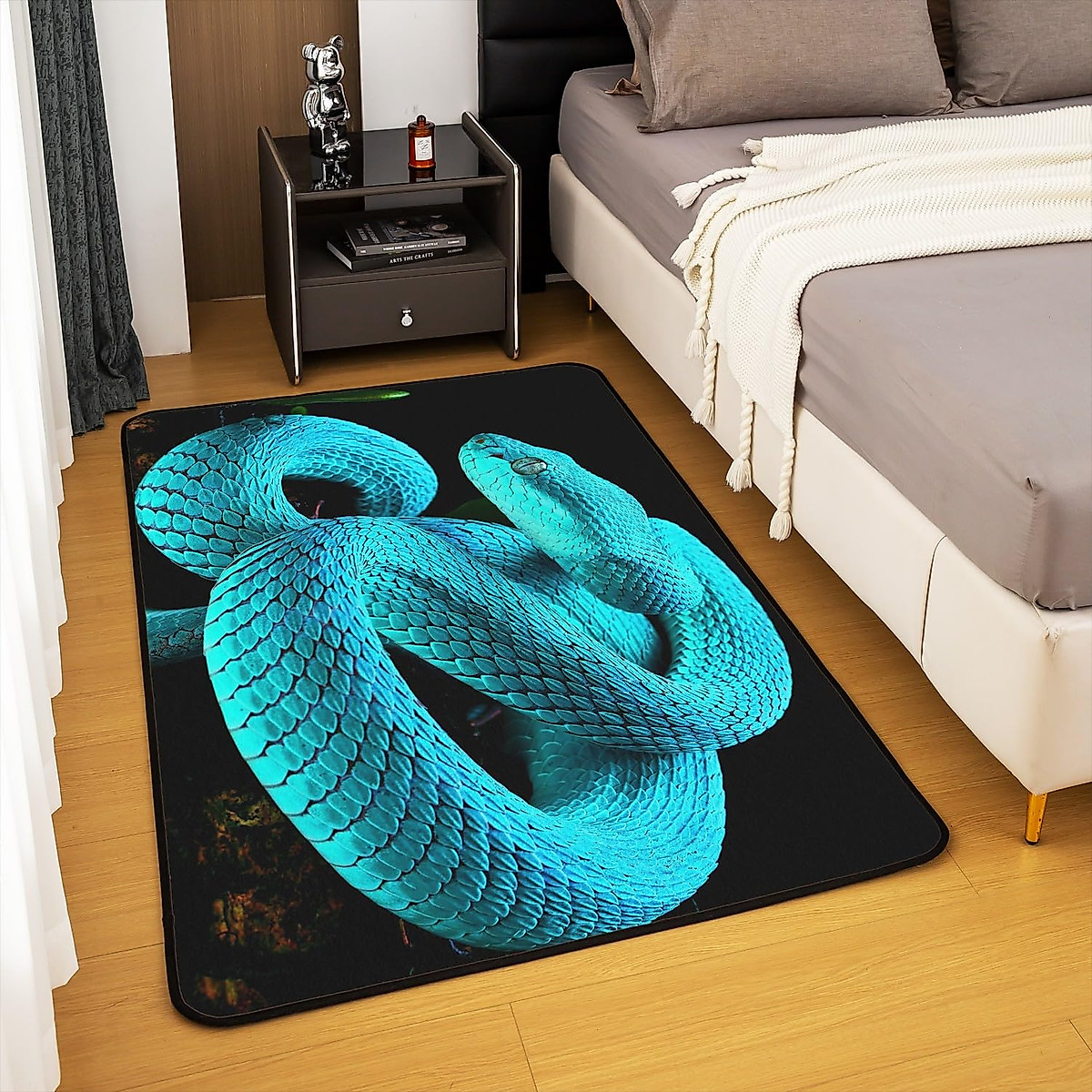 Snake Area Rug 5x7, Scary Animal Rug for Adults Men, Halloween Black Teal Animal Non Shedding Carpet, Horror Farmhouse Wildlife Living Room Rugs