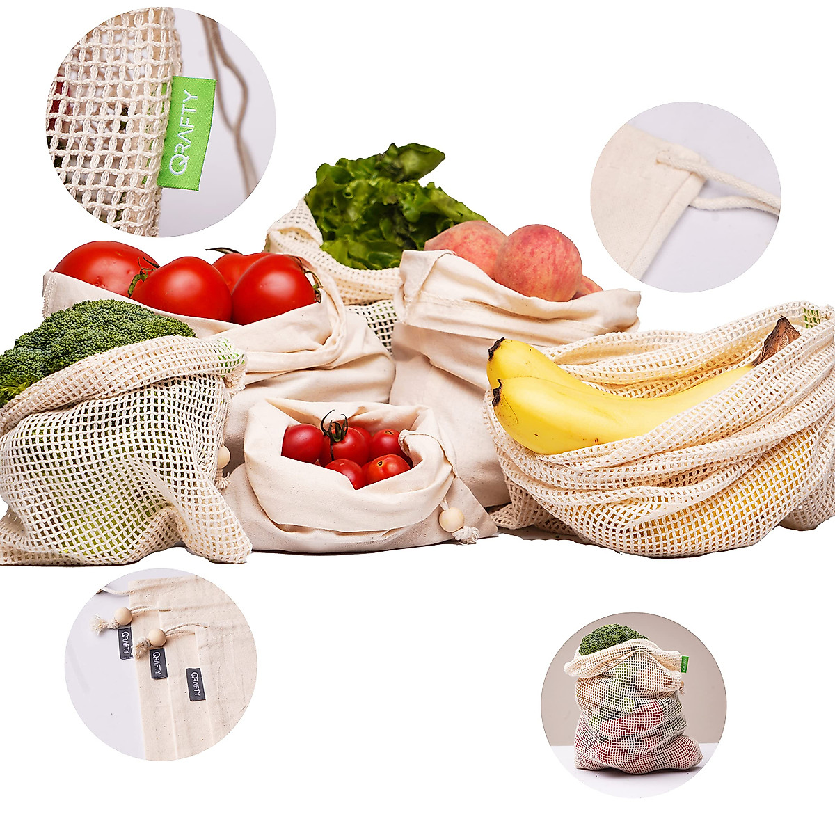 QRAFTY | Organic Cotton Produce Bags | Pack of 7 + 1 | Compact, Biodegradable, Food Safe Mesh & Muslin Bag Set | Reusable and Washable | Ultra Strong, Drawstring Bags for Grocery Shopping