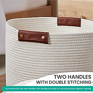 Organizix Large Cotton Rope Laundry Hamper Woven Basket with Leather Handles, Storage Basket for Toys, Blanket, Throws, Pillows and Towels - 16 x 18, Cream