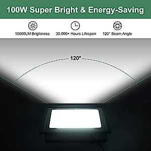 GLORIOUS-LITE 2 Pack 100W LED Flood Light Outdoor, 10000LM LED Work Light with Plug, 6000K Daylight White, IP66 Waterproof Outdoor Floodlights for Yard, Garden, Playground