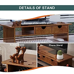 WAYTRIM Bamboo Wood Monitor Stand Ergonomic Computer Riser with Storage Organizer Drawers Desktop Laptop Shelf Risers Cellphone Stand for Home and Office Use, Classic Antique Brown