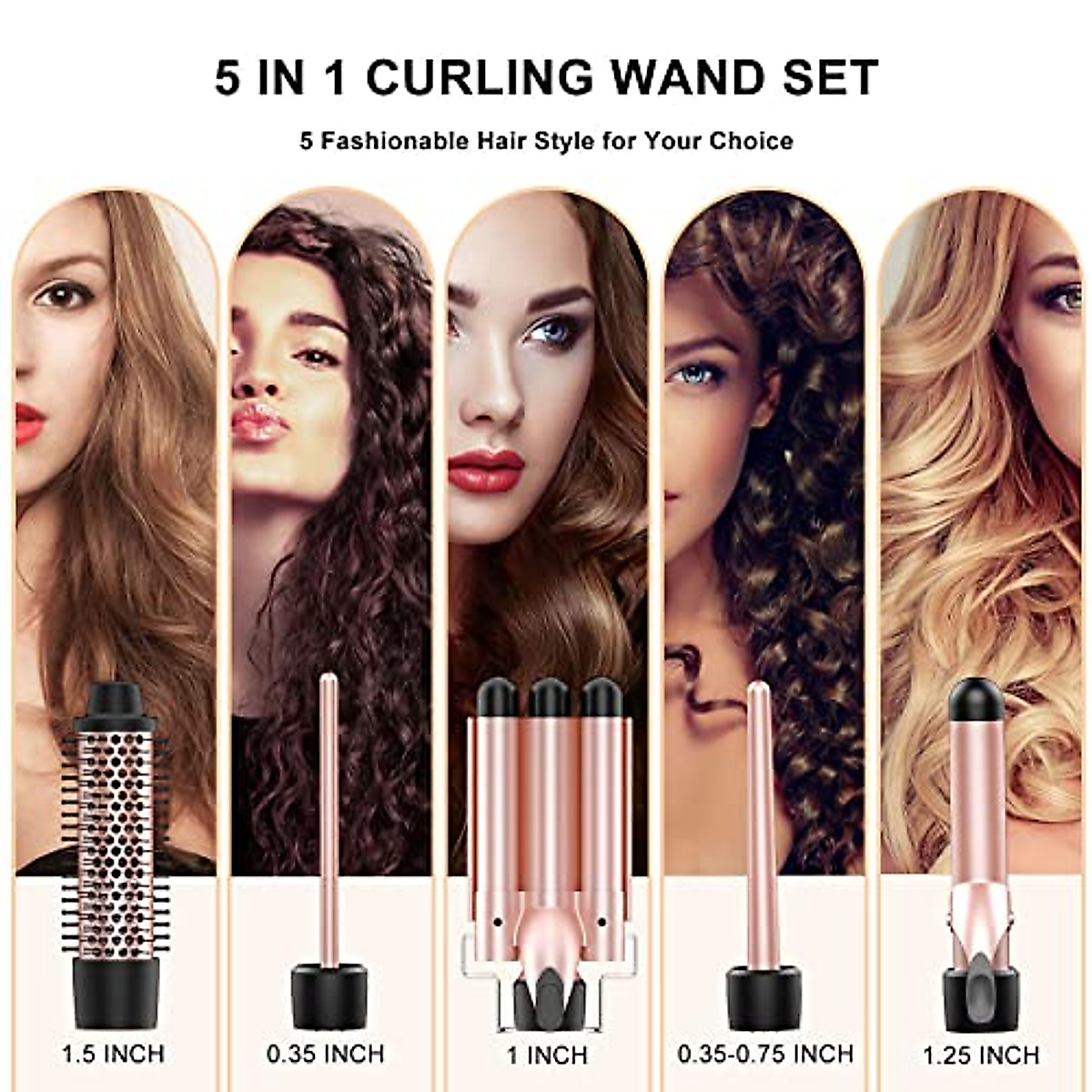 Curling Iron Set 5 in 1,MAXT Curling Wand Set Interchangeable Triple Barrel Curling Iron and Curling Brush Ceramic Barrel Wand Curling Iron(0.35”-1.25”) (Pink)