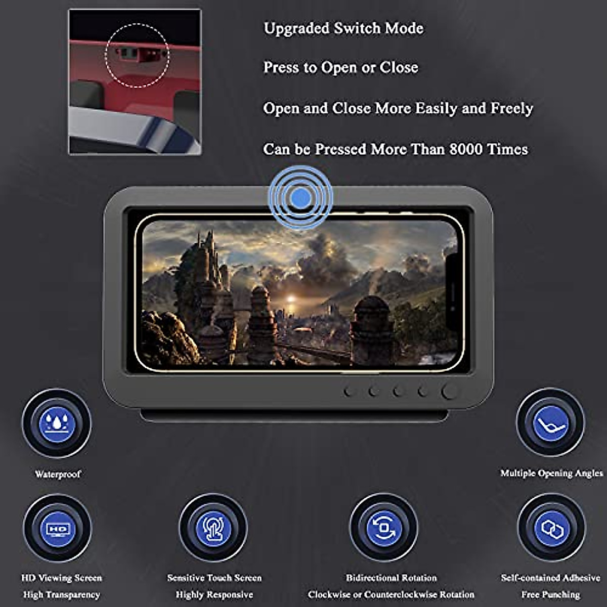 Shower Phone Holder Waterproof Case, uowlbear Upgraded Wall Mount Shower Phone Case Bidirectional 360 Degrees Rotation Bathroom Smartphone Stand Compatible with Smartphones up to 7 inches- Black