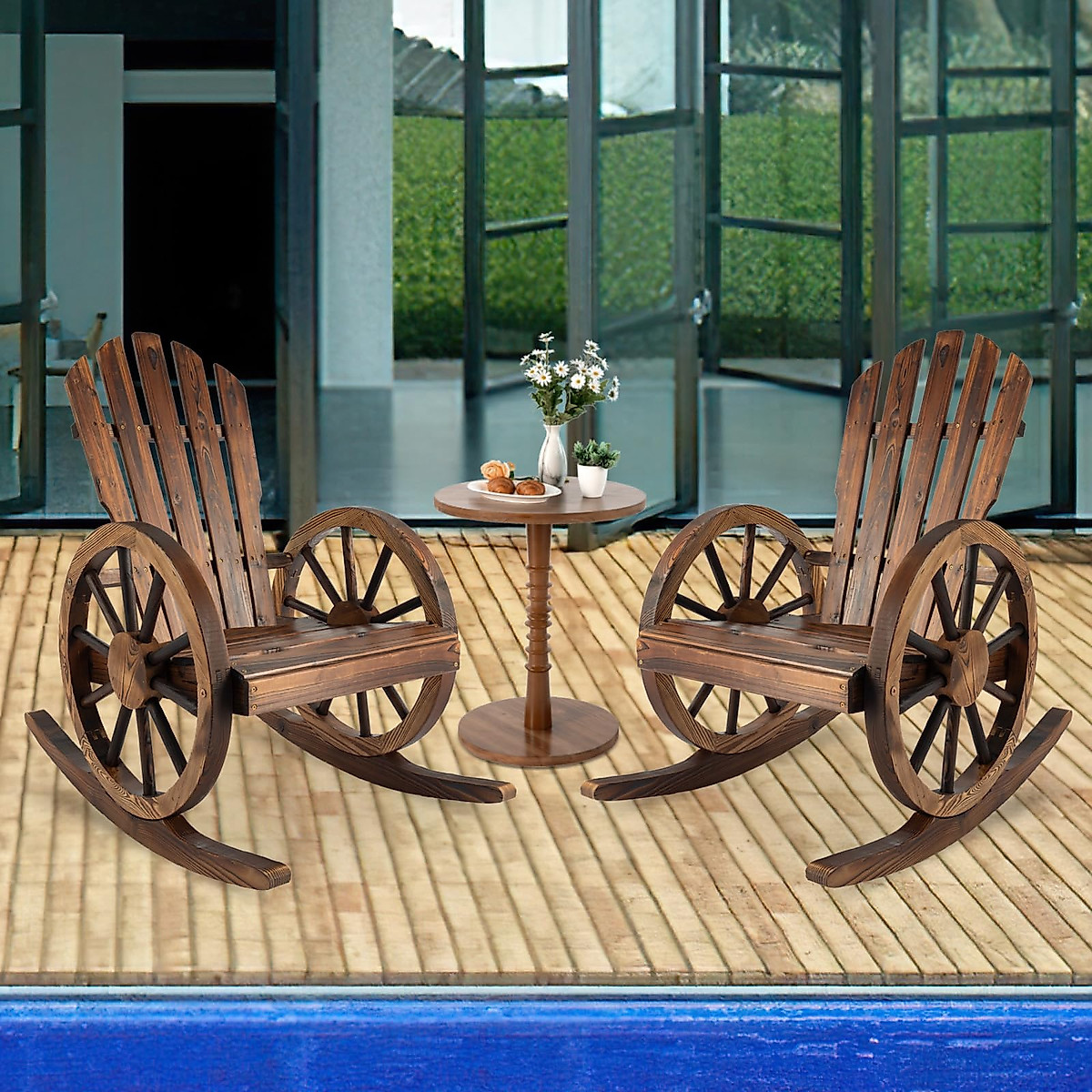 FURNDOOR Wooden Wagon Wheel Rocking Chair Set, 3PCS Outdoor Rocking Bistro Set Rustic Rocker with Coffee Table for Backyard Porch Poolside Lawn