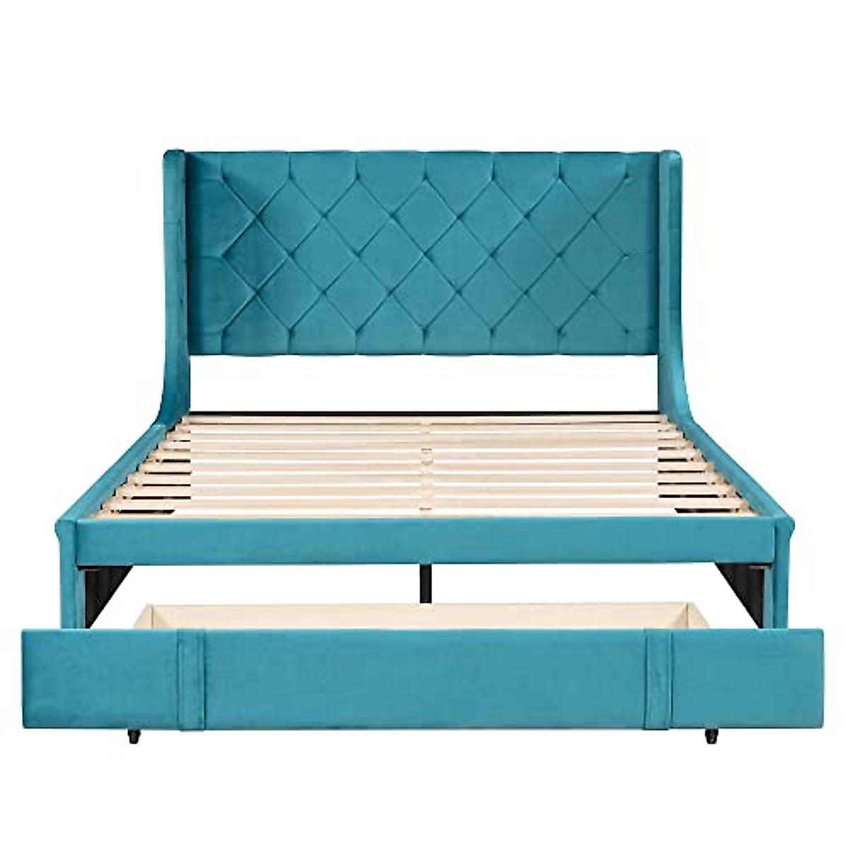 HAUSHECK Upholstered Bed Frame Queen Size with Big Drawer and Classic Button Tufted Wingback Headboard, Modern Platform Bed Frame w/Wooden Slats Support Mattress Foundation, No Box Spring Needed
