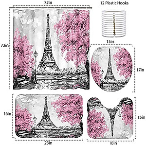 Britimes 4 Piece Shower Curtain Sets, Pink Ground Paris Eiffel Tower with Non-Slip Rugs, Toilet Lid Cover and Bath Mat, Durable and Waterproof, for Bathroom Decor Set, 72" x 72"