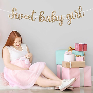 Pre-Strung Sweet Baby Girl Banner - NO DIY - Gold Glitter Baby Shower Gender Reveal Party Banner For Girl - Pre-Strung Garland on 8 ft Strand - Baby Shower Party Decorations. Did we mention no DIY?