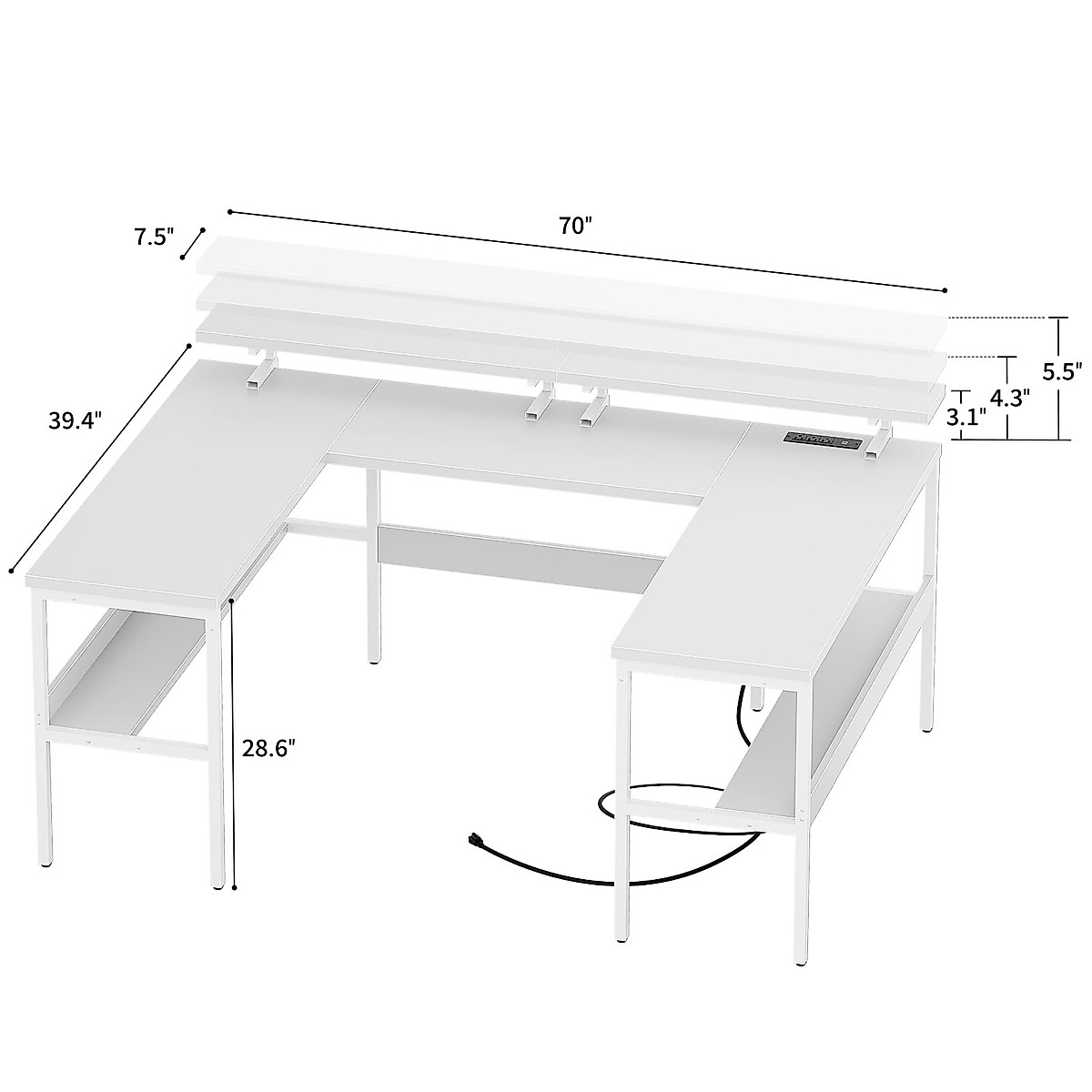 iSunirm Customizable U Shaped Desk, Reversible L Shaped Computer Desk with Adjustable Monitor Stand & Power Outlets & LED Strip Light, Large Office Desk with Storage Shelves, Home Gaming Table, White