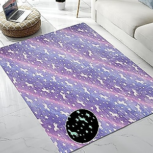 QH Purple Seamless Unicorn Pattern Glow in The Dark Area Rug Area Rug for Living Room Bedroom Playing Room Size 5'x6'