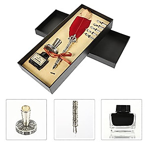 Operitacx Calligraphy Pens Quill Pen and Ink Set with Calligraphy Dip Pen Inkwell Stand Replacement Nibs for Writing Paper Letter Birthday Gift Wine Red Fountain Pen Ink