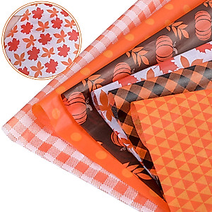 Konsait Thanksgiving Wrap Paper, 120 Sheet Fall Autumn Tissue Paper for Gift Wrapping, Maple Leaves Buffalo Plaid Polka Dot Pumpkin Prints Crafts Paper for Harvest Birthday Festival Bags Party Pompom