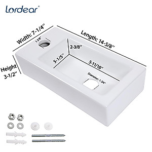 Lordear Small Bathroom Sink Wall Mounted Corner Sink 15"x 7" Floating Hand Wash Basin Wall Hung Left Hand White Ceramic Tiny Vessel Sink for Cloakroom Bathroom
