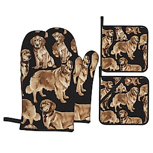 KiOrPeel Golden Retrievers Oven Mitts and Pot Holders Setfor, Heat Resistant Waterproof Non-Slip Kitchen Gloves for Cooking Baking Grilling, One Size