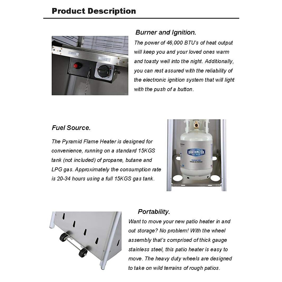 Outdoor Patio Propane Space Heater - 48,000 Btu Pyramid Propane Heater, Outdoor Heater, Portable Heater, Patio Heater Propane, W/Wheels, Protective Cover | Avenlur (Stainless Steel)